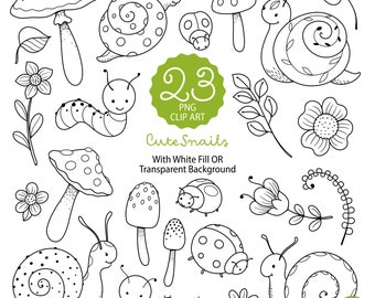 Cute Snails, Bugs and Mushroom Digital Stamps, Hand Drawn Woodland ...