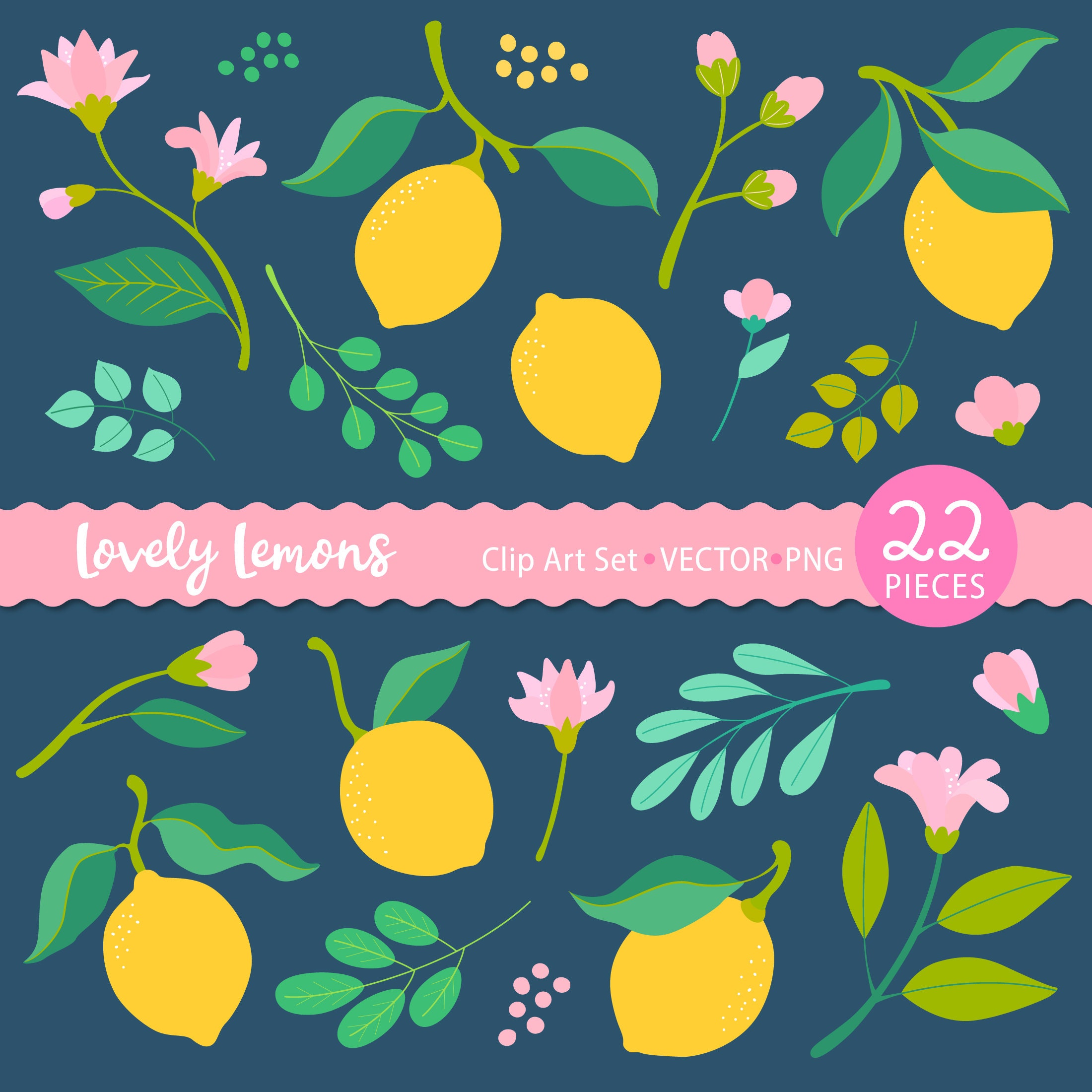 Lemon and Leaf Clip Art Set, Lemon Blossom, Summer Fruit Clipart ...