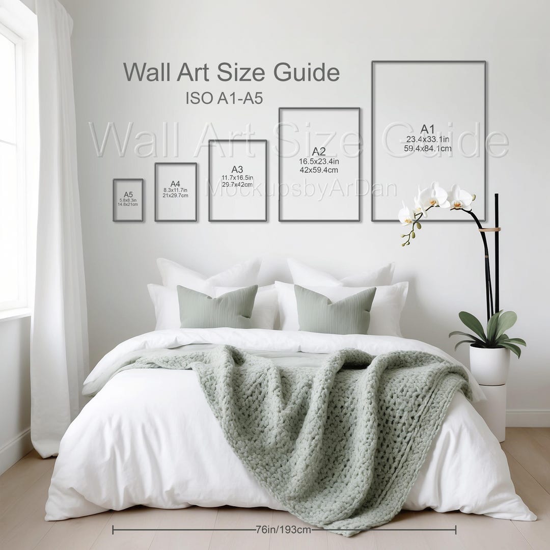 Wall Art Size Chart ISO A1-A5, Frame Size Guide in a Bedroom, Wall Art ...