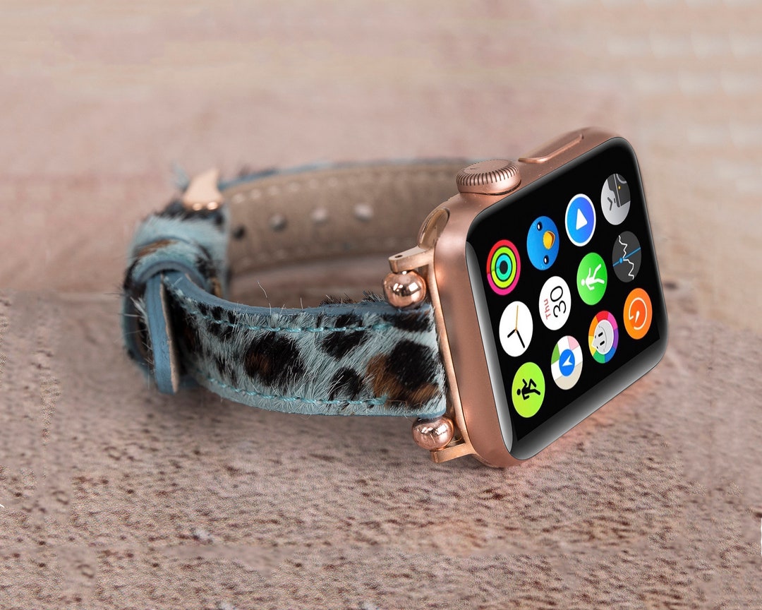 Apple Watch Blue Leopard Furry Leather Strap, Iwatch 40 41 42 44 45 46 ...