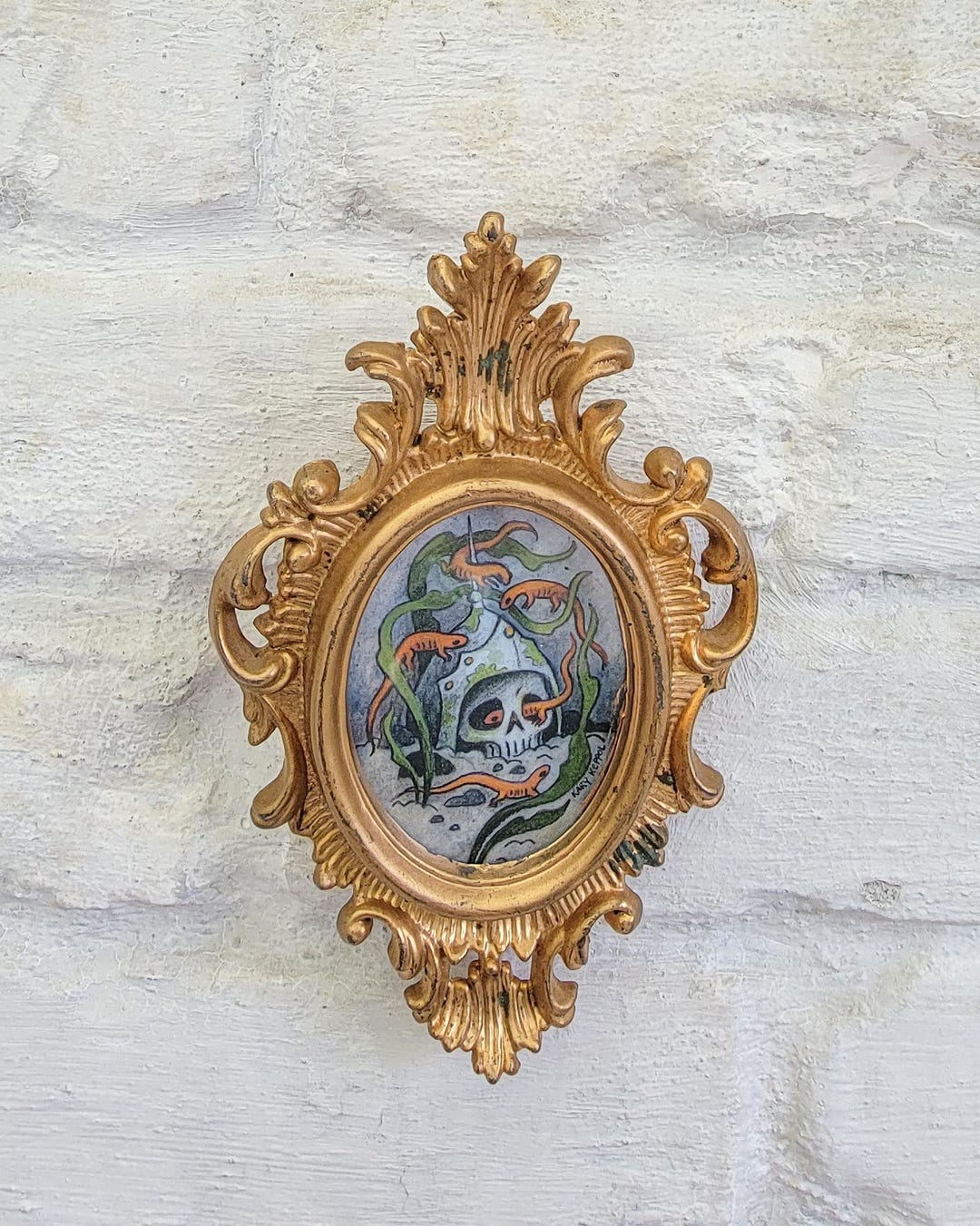 Mini Framed Original Artwork - Salamander Knight Skull Medieval ...