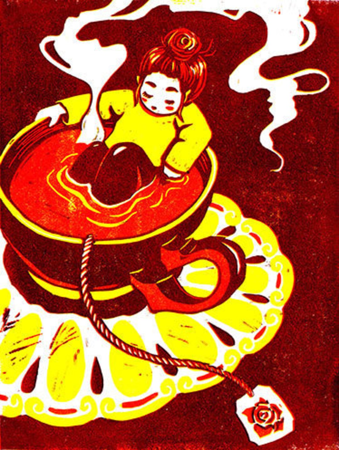 Art Poster - Cozy Teacup Girl, Linoleum Print Printmaking - Etsy