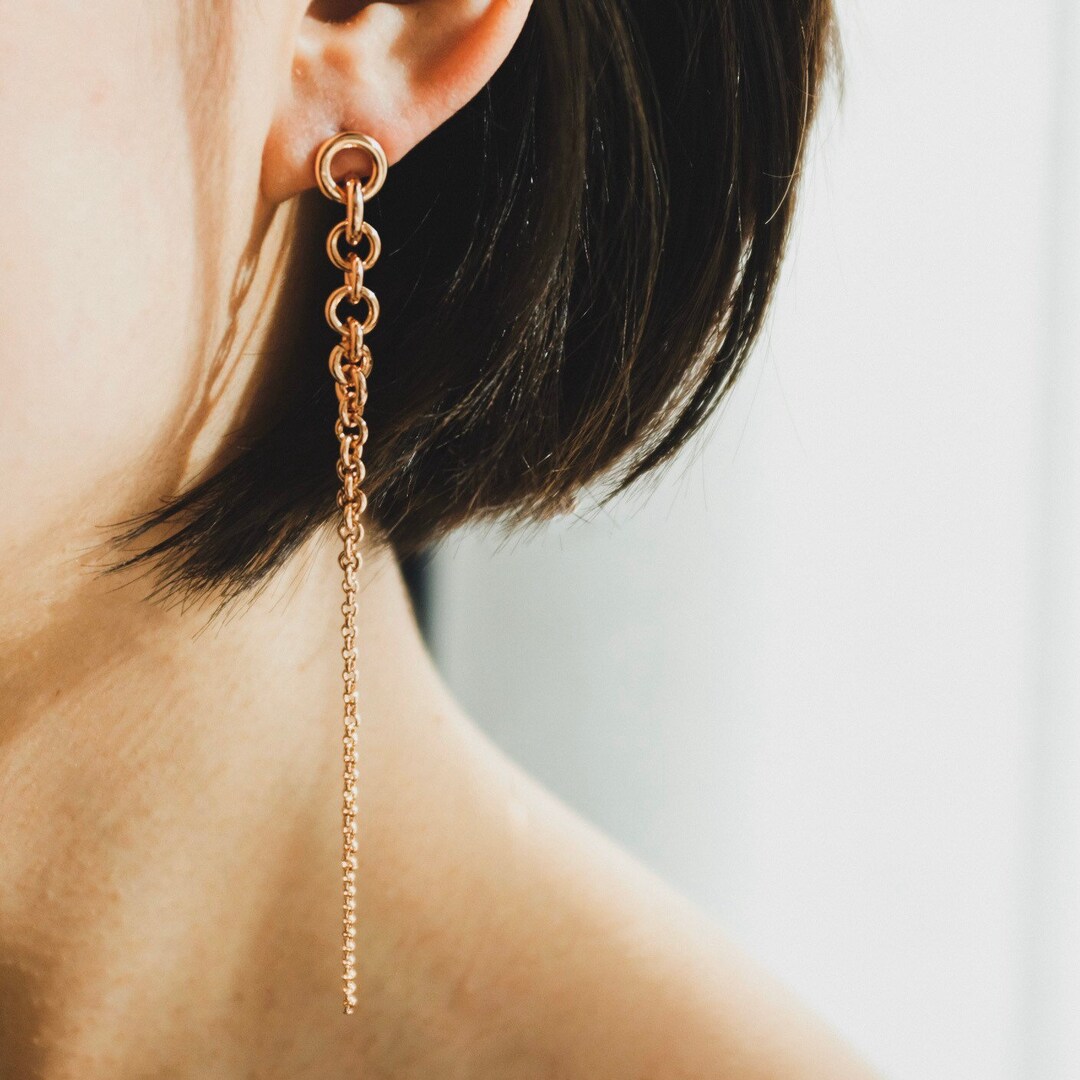 Single Chain Earring, Rose Gold Drop Earring, Dainty Minimalist Earring ...