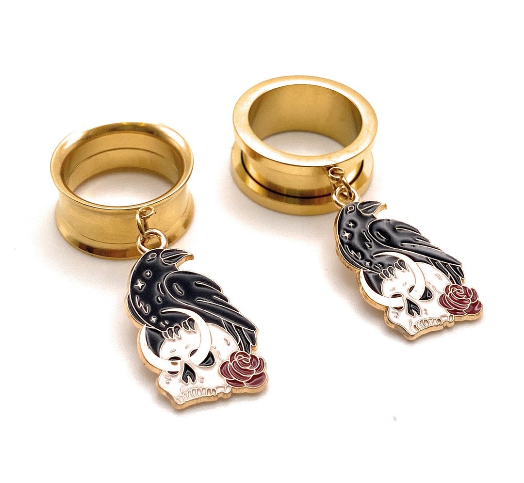 Gold Raven Skull and Rose 316l Surgical Steel Screw Fit Dangle Tunnel ...