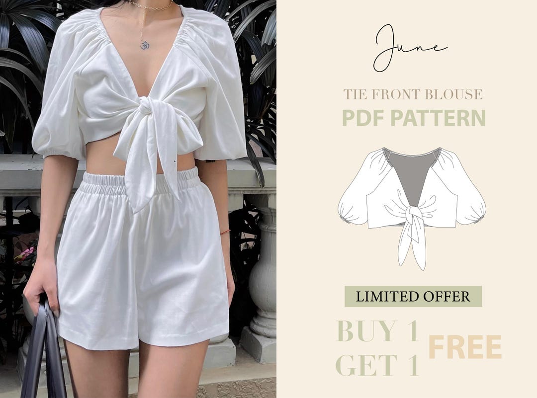 Front Tie Blouse With Puff Sleeves, Women's Blouse Sewing Pattern, Easy ...