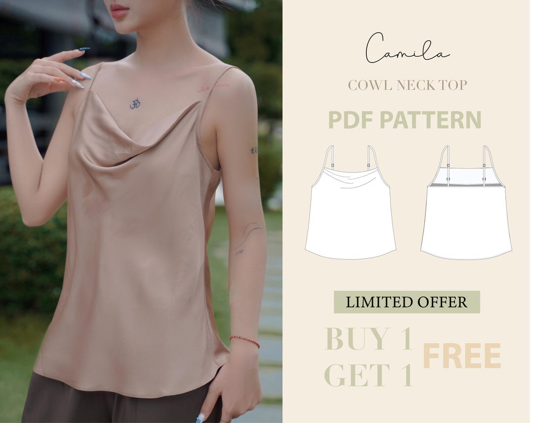 Cowl Neck Top Sewing Pattern PDF, Silk Cami Top Pattern With Adjustable ...