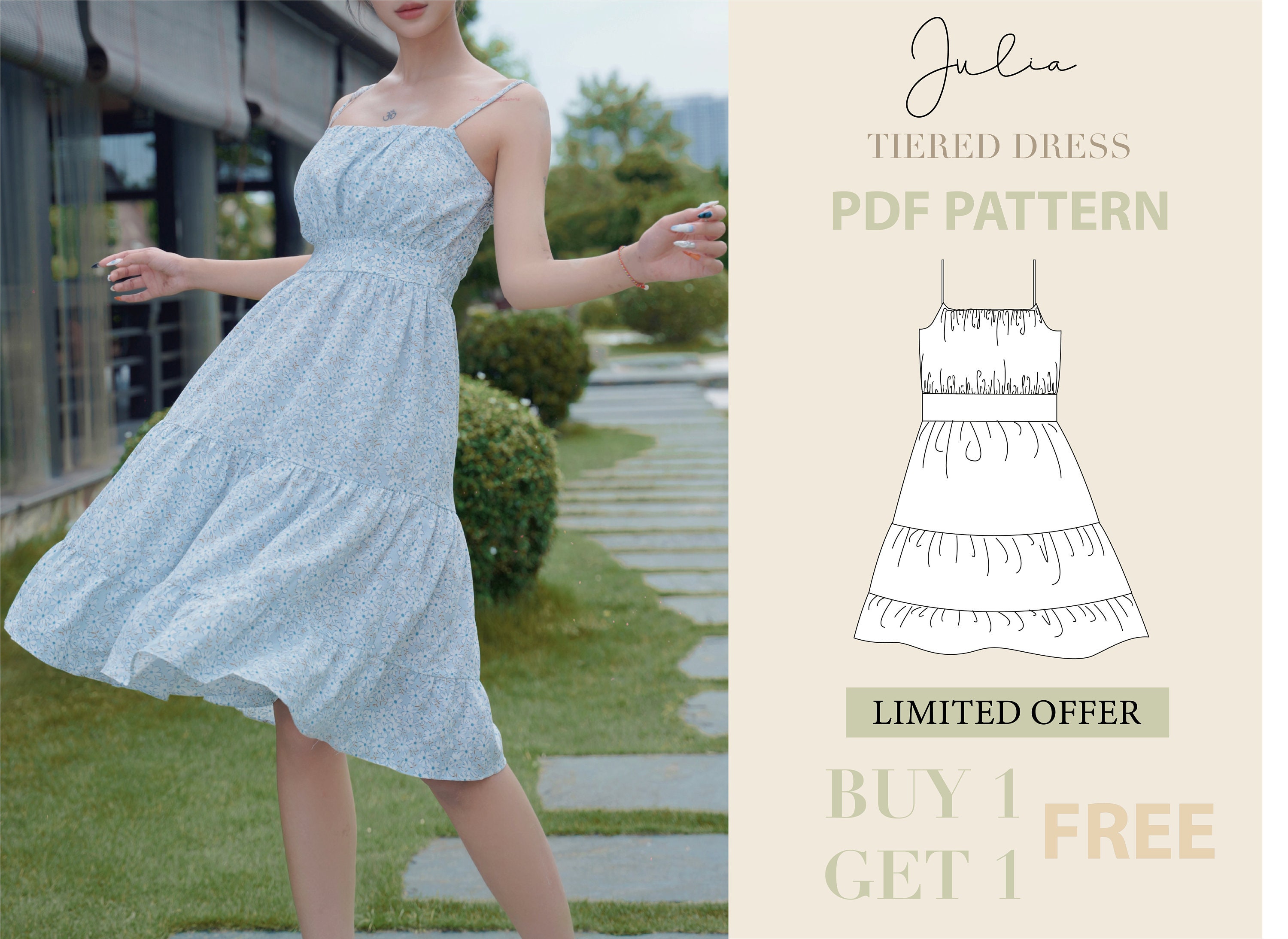 Tiered Dress Sewing Pattern, Summer Midi Dress PDF Pattern,easy Digital ...