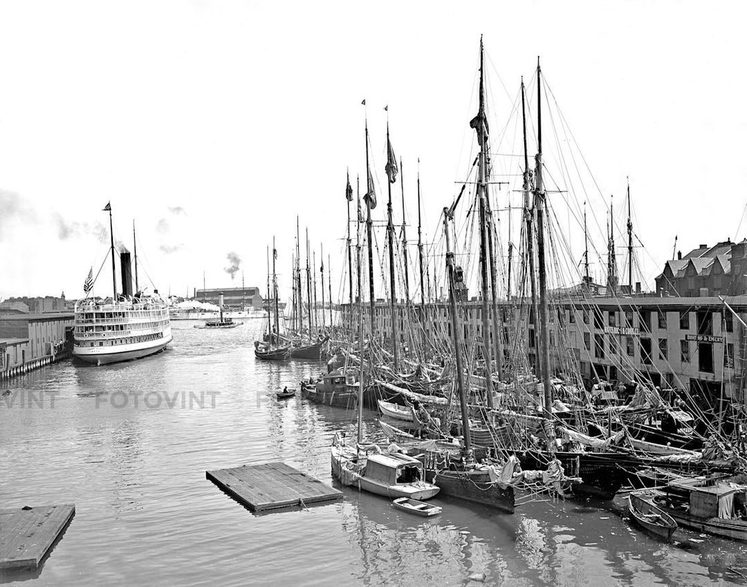 Vintage BOSTON HARBOR T Wharf Photo Picture FISHING Schooners Steamship ...