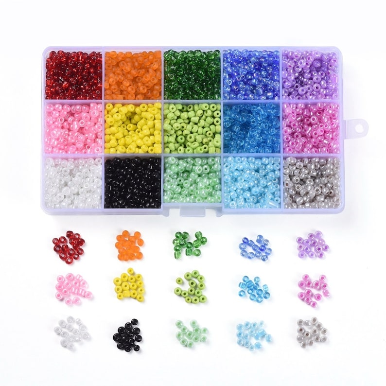 15 Colors Glass Seed Bead Kit, Size 12/0, 8/0, 6/0 (2mm-4mm), 4500 ...