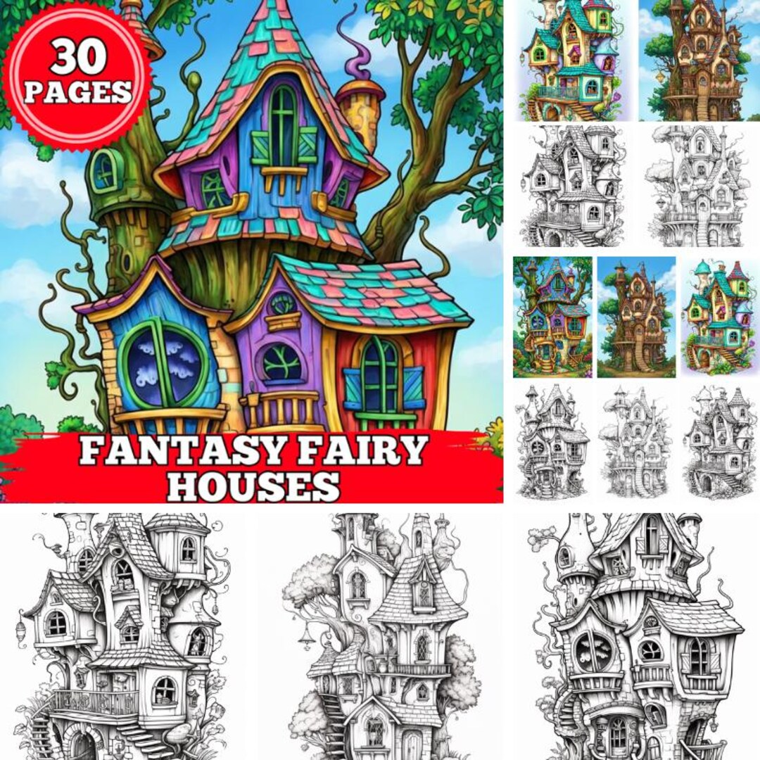 Fantasy Fairy Houses Coloring Pages for Kids Adults | Printable Magical ...