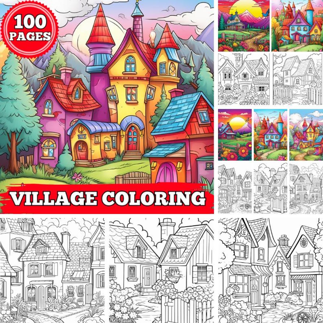 Villages Coloring Pages for Kids & Adults | Printable Village Scenery ...