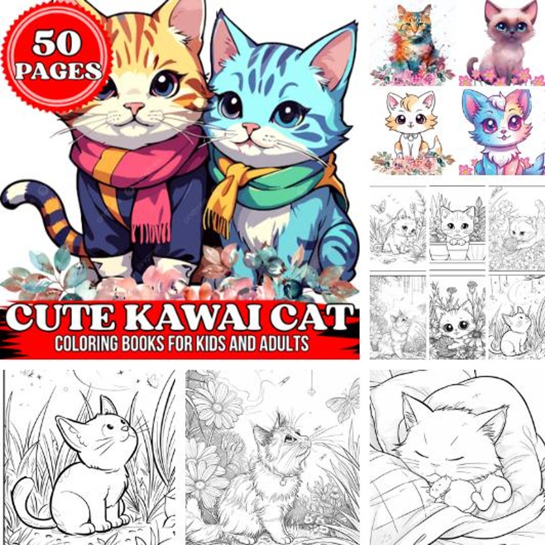 Kawaii Cat Coloring Pages | Cute Cat Printable Coloring Book for Kids ...