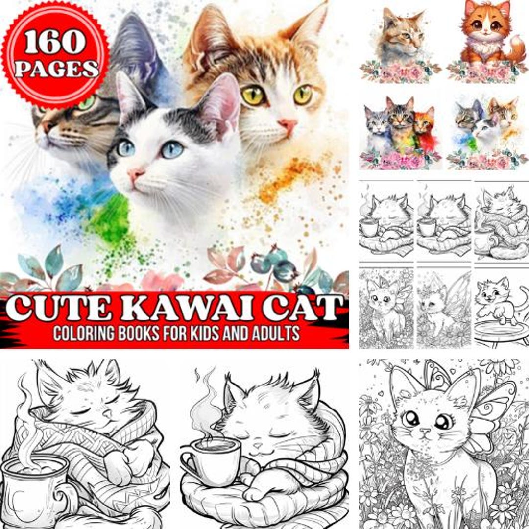 Cute Kawaii Cat Coloring Pages | Printable Cat Coloring Book for Kids ...