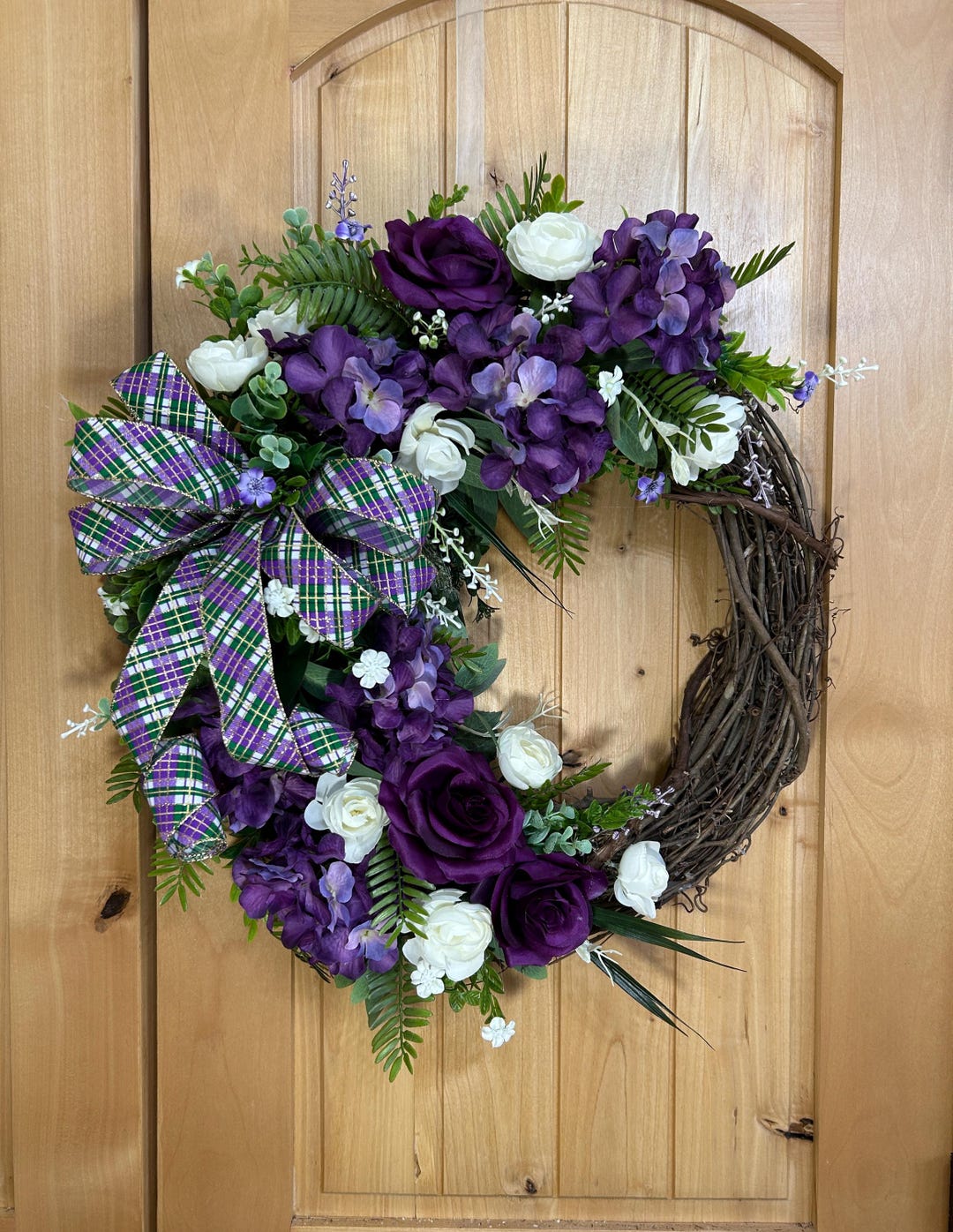 Purple Flower Grapevine Wreath: Purple Roses and Hydrangea, White ...