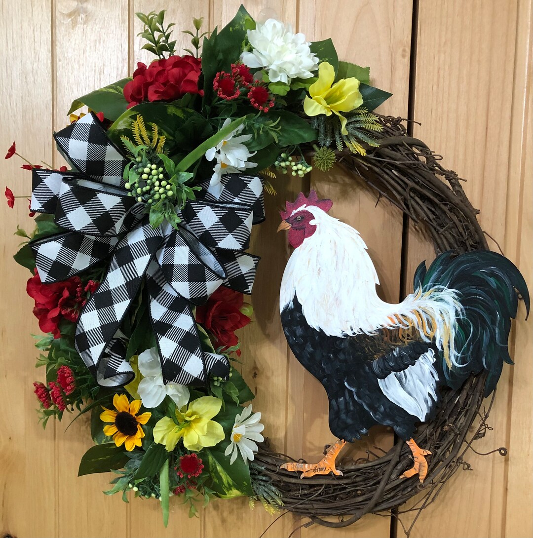 Rooster Hand Painted Flowers Grapevine Wreath/black and White Plaid ...