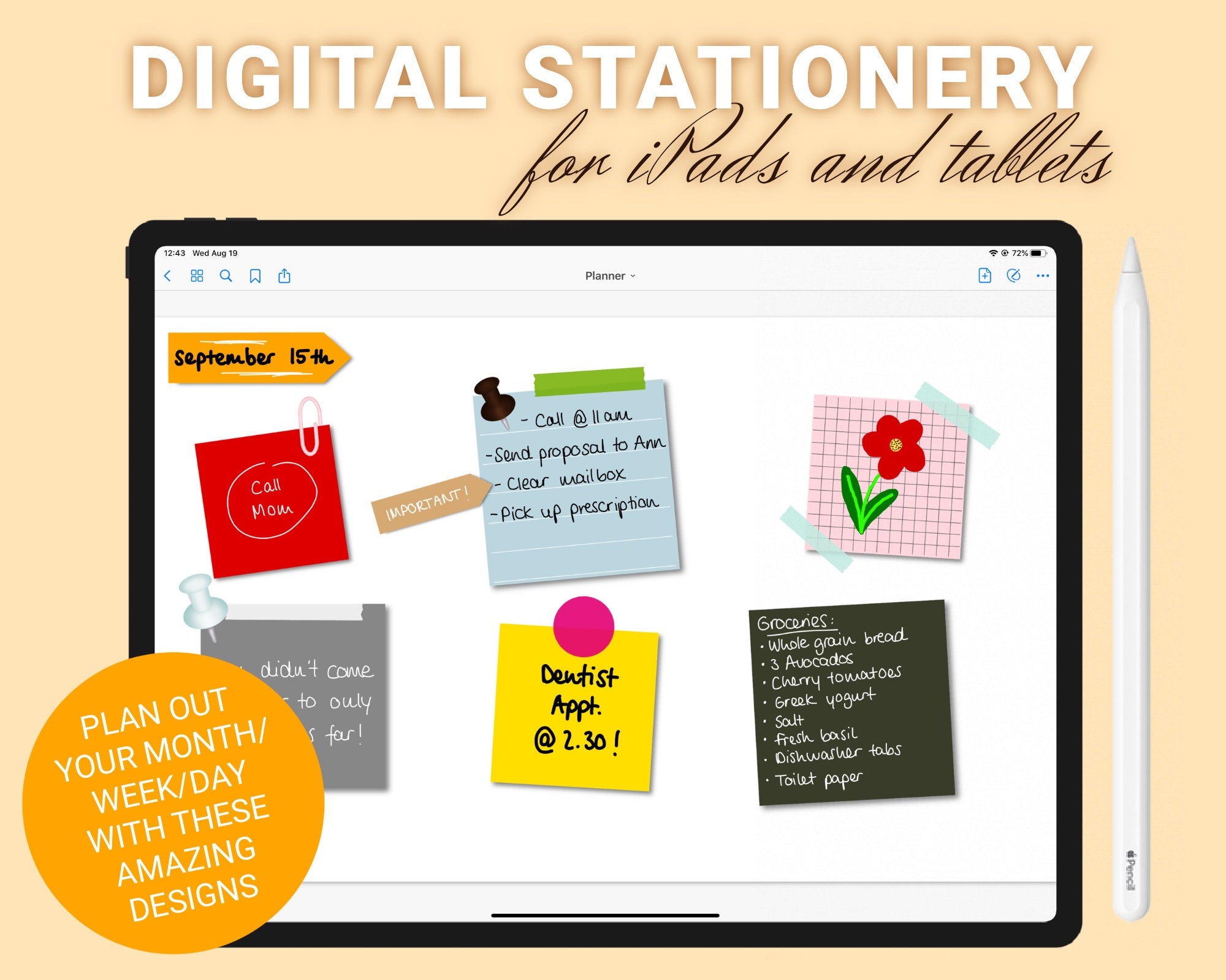 Digital Stationery Sticker Set: Sticky Notes Push Pins Paper | Etsy