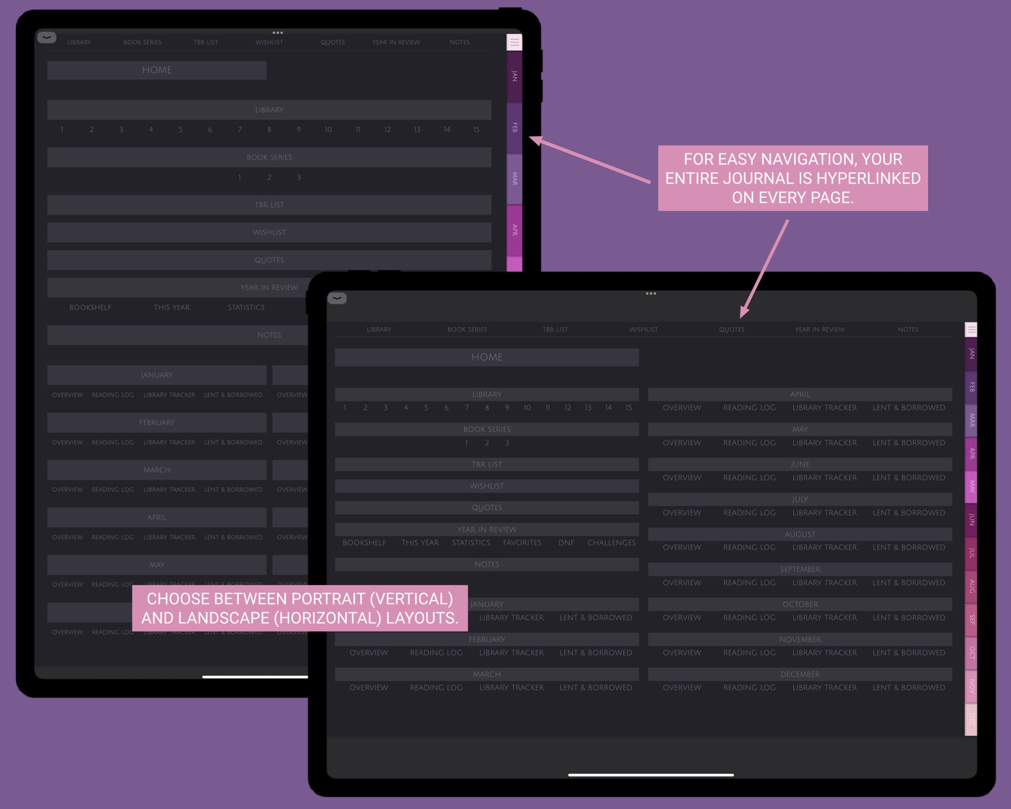 Dark-mode Reading Journal violet Over 300 Books Goodnotes, Notability ...