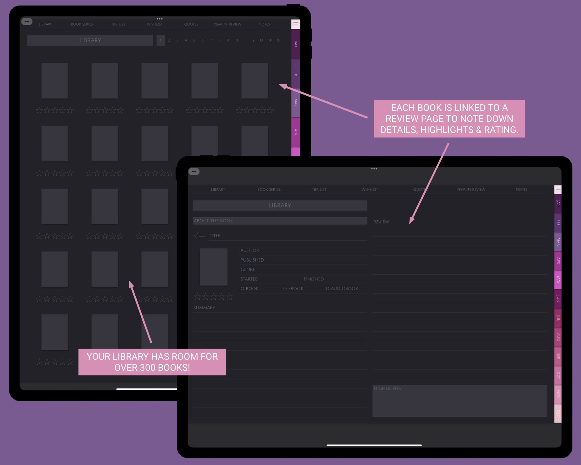 Dark-mode Reading Journal violet Over 300 Books Goodnotes, Notability ...