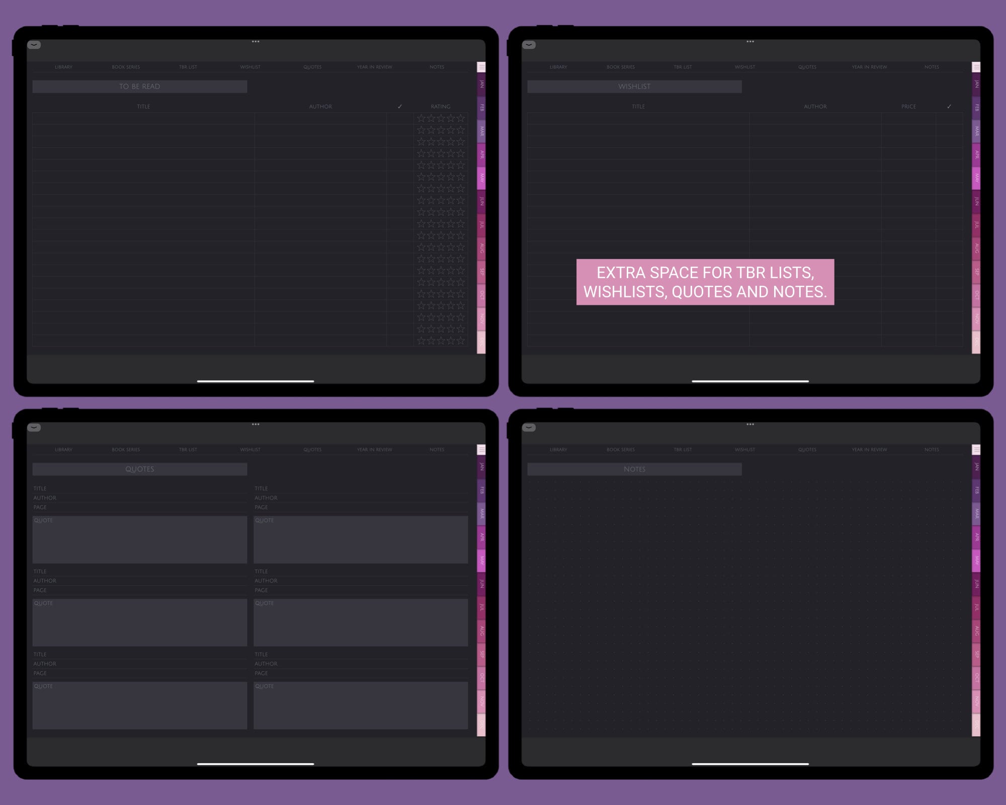 Dark-mode Reading Journal violet Over 300 Books Goodnotes, Notability ...