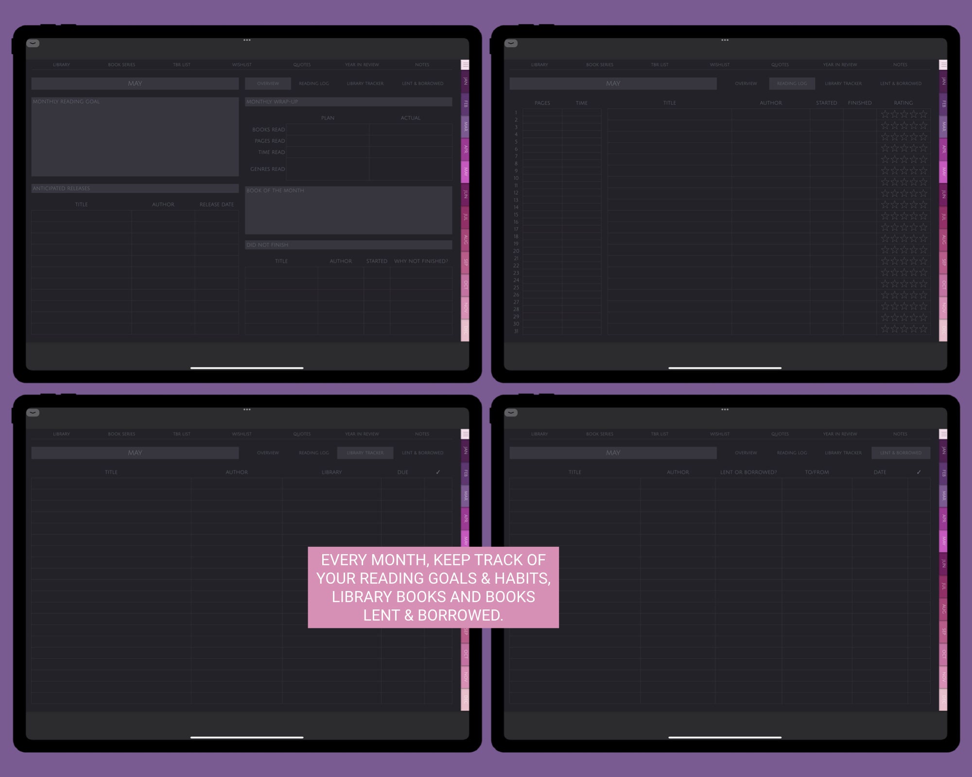 Dark-mode Reading Journal violet Over 300 Books Goodnotes, Notability ...