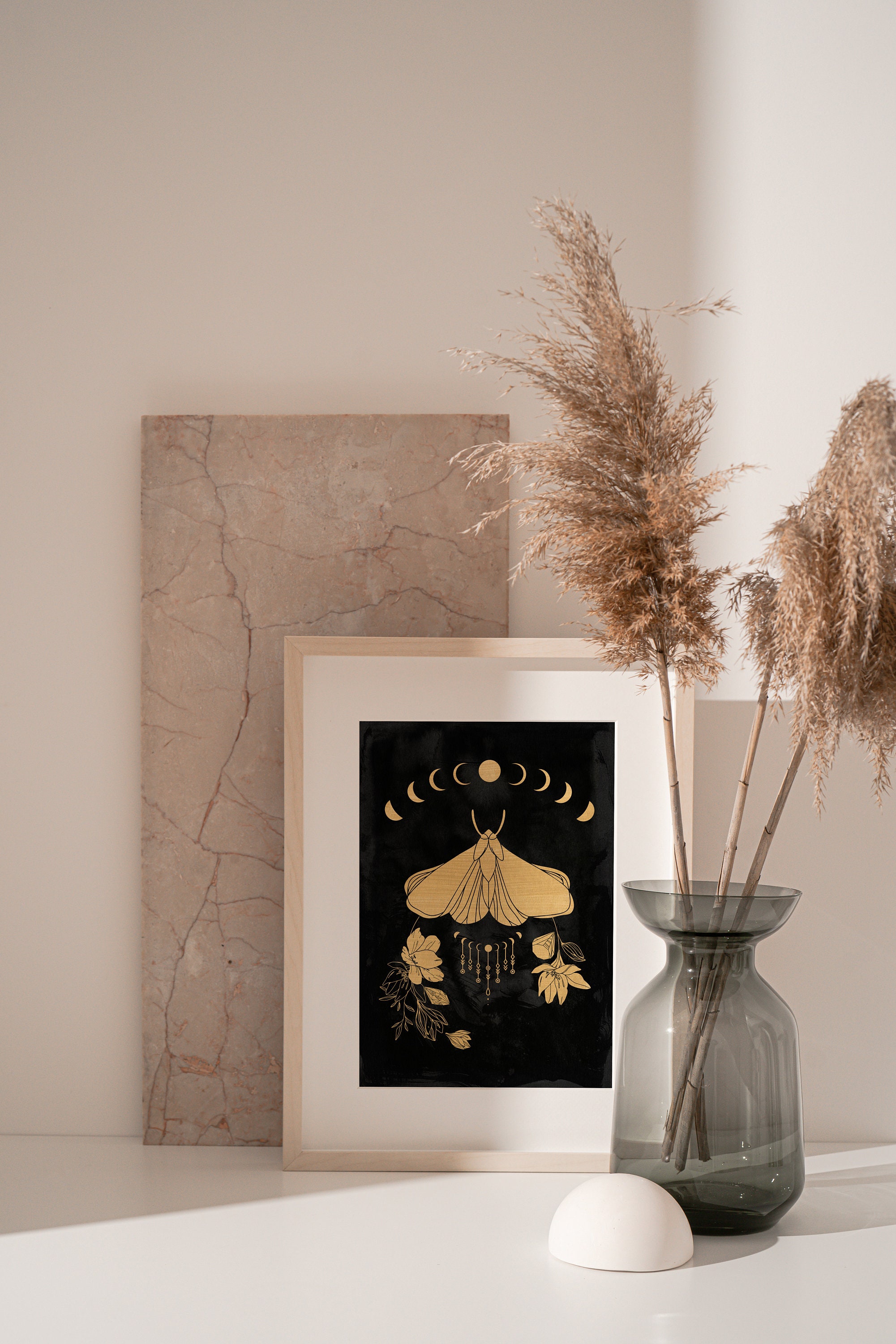 Moon Phase Moth Art Print / Black and Gold / Witchy Altar Room | Etsy