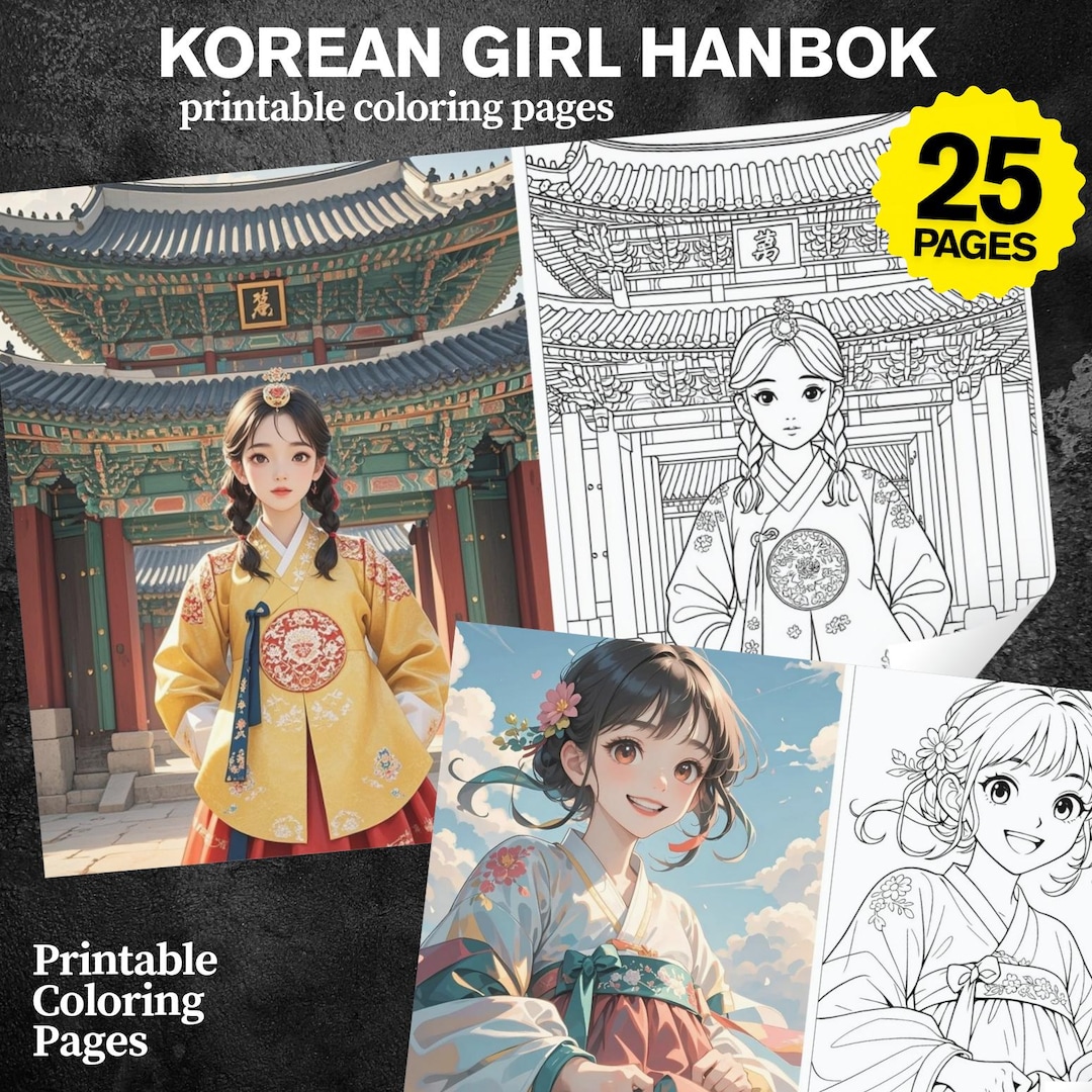 Printable Coloring Pages Korean Girl Hanbok - Etsy