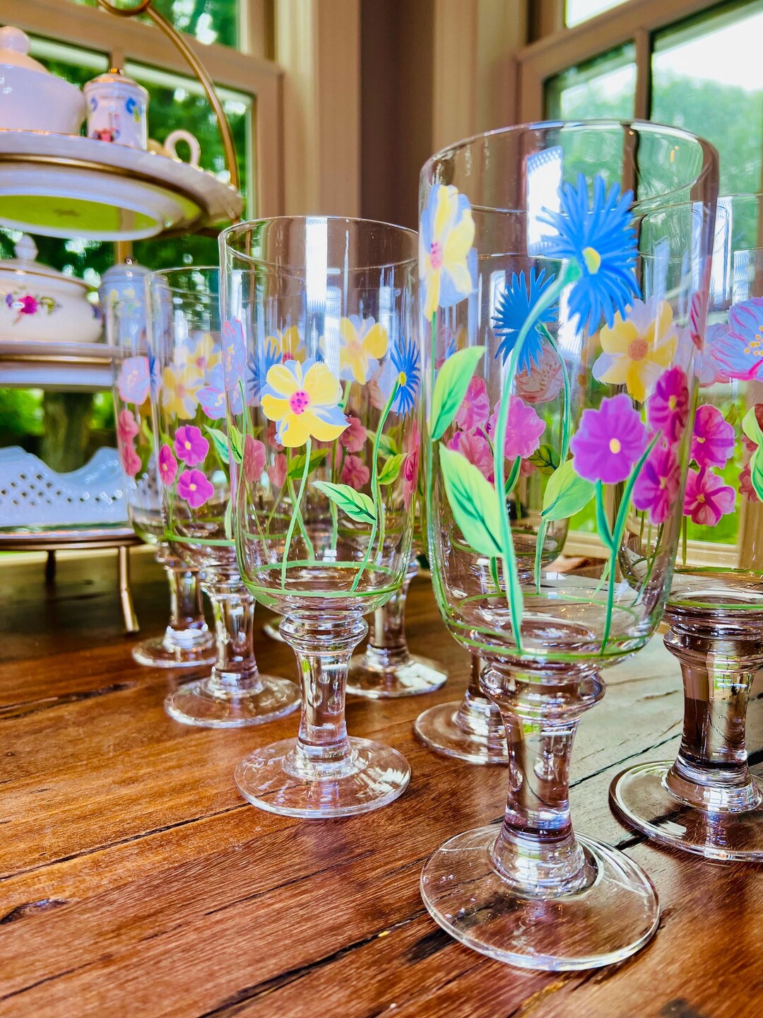 Set of 8 Vintage Glass Goblets Hand Painted - Globes Glass - Dinner ...