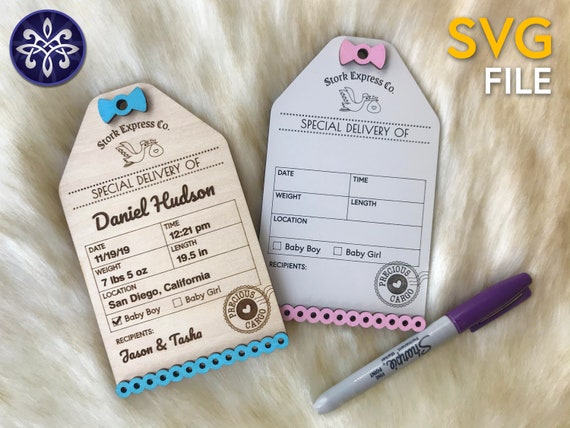Birth Announcement Stork Tag SVG File New Baby Newborn Stats | Etsy