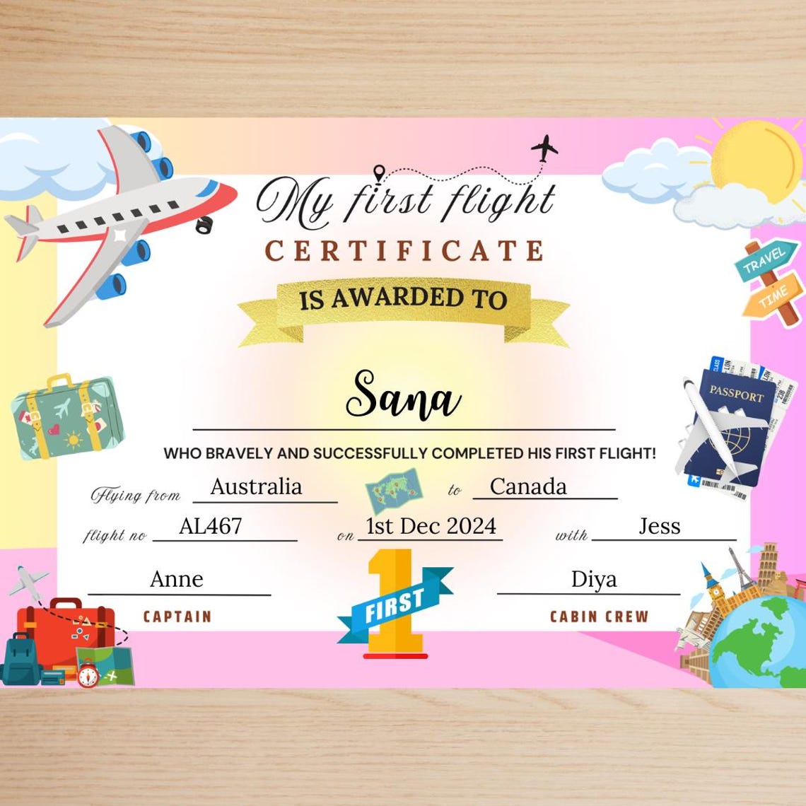 First Flight Certificate for Kids, Toddler's First Flight Award, First ...