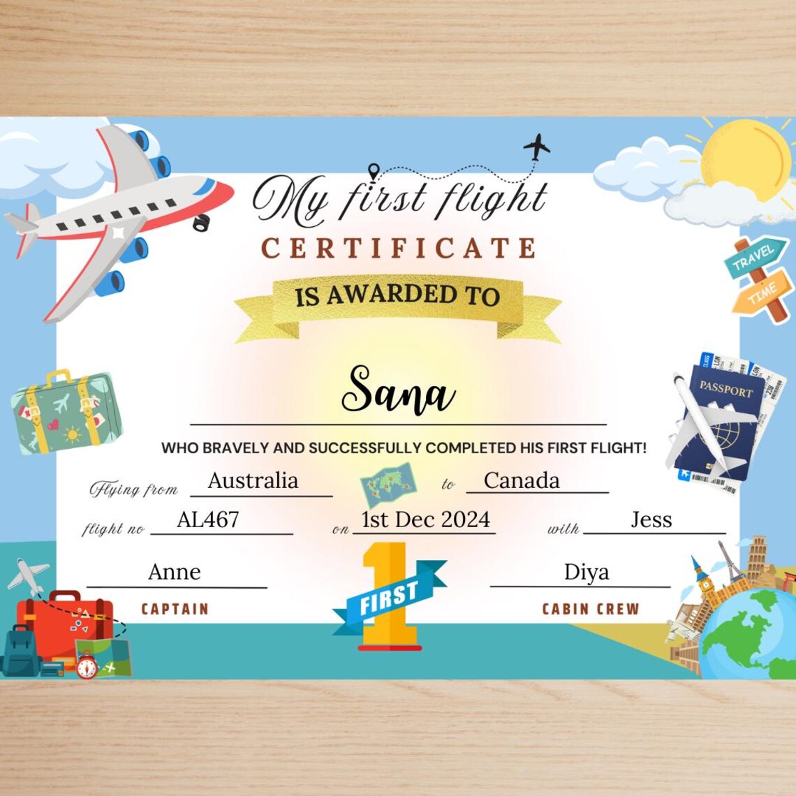 First Flight Certificate for Kids, Toddler's First Flight Award, First Vacation Gift ...