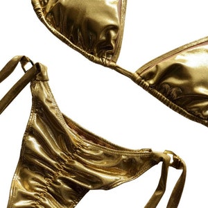 Metallic GOLD Brazilian Bikini Set: Shiny Swimwear, Adjustable Tie Top ...