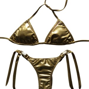 Metallic GOLD Brazilian Bikini Set: Shiny Swimwear, Adjustable Tie Top ...
