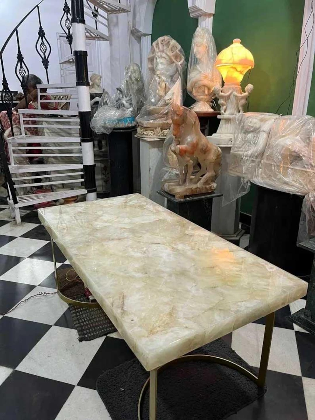 White Quartz Stone Dining Table Crystal Healing Gemstone Mid Century ...