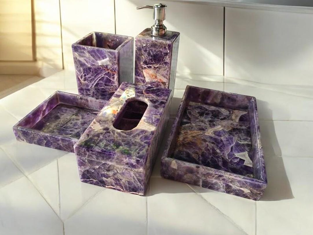 Handmade Amethyst Stone Bathroom Set, Set of 5 Pcs, Soap Dispenser ...
