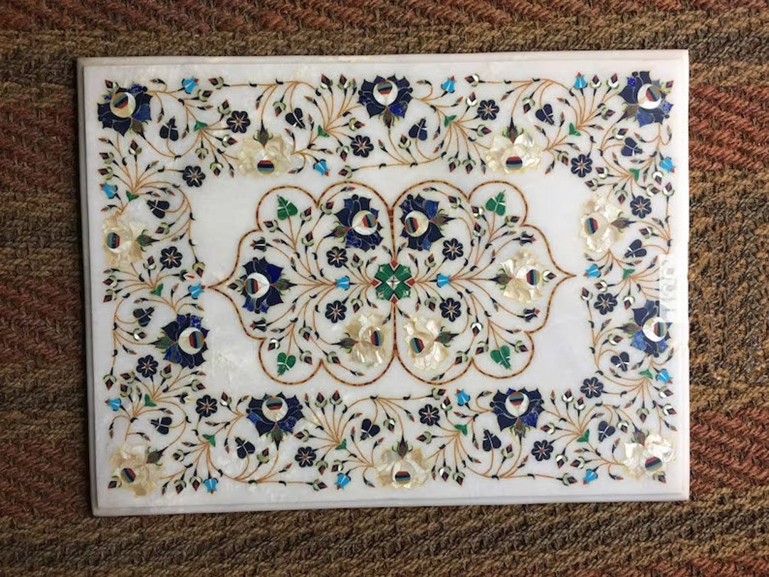 White Marble Dining Table With Lapis and Paua Shell Inlay Semi Precious ...