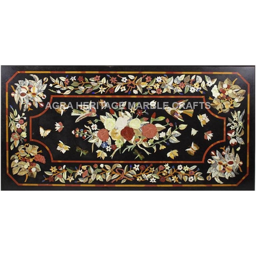 Floral Bird Inlay Black Marble Dining Table Top: Handmade Art (48x24 ...