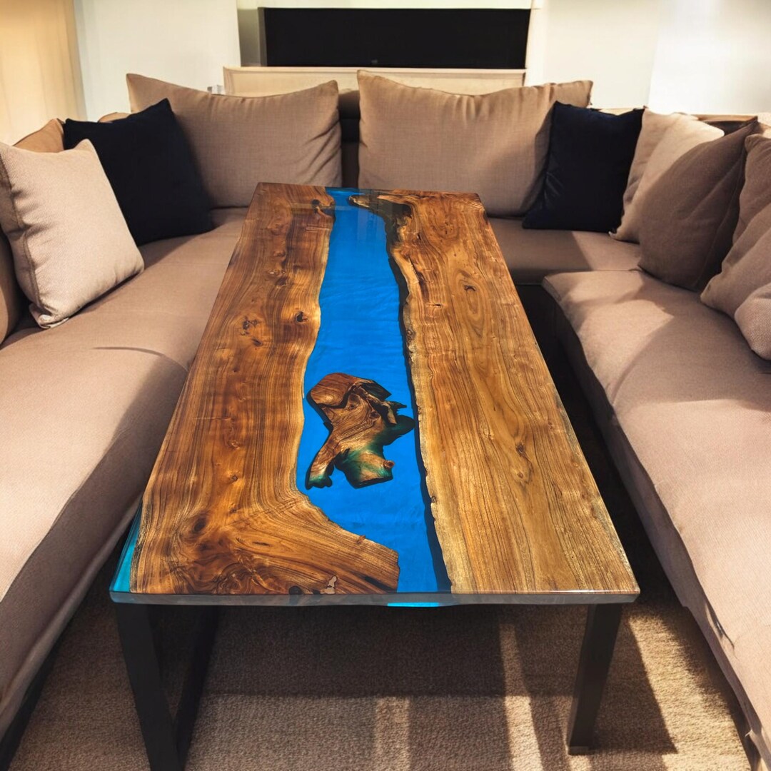 Blue Epoxy Resin Center Dining Table Mid Century Modern Countertop Desk ...