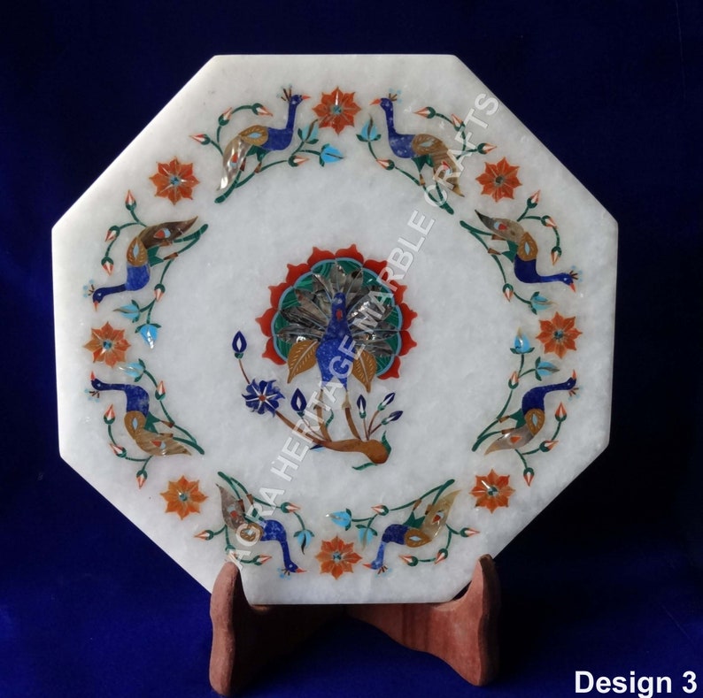 White Marble Designer Octagon Tiles Multi Peacock Floral Inlay - Etsy