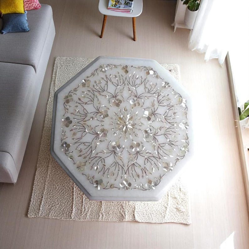 Mother of Pearl Inlay Coffee Table: White Marble Pietra Dura Art - Etsy