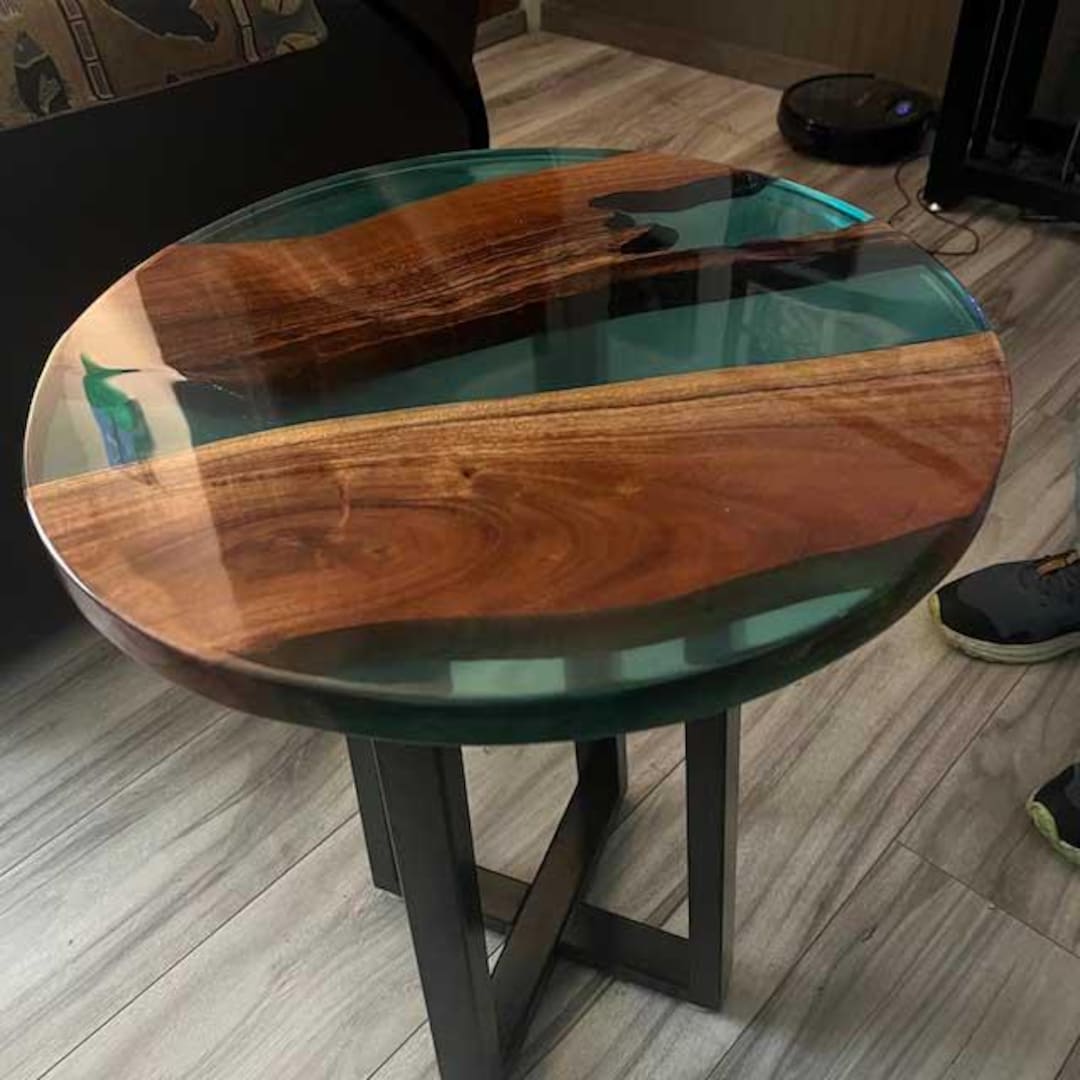 Unique Clear Epoxy Round Coffee Table Top Resin Arts Modern Furniture Acacia Wood Walnut Console ...