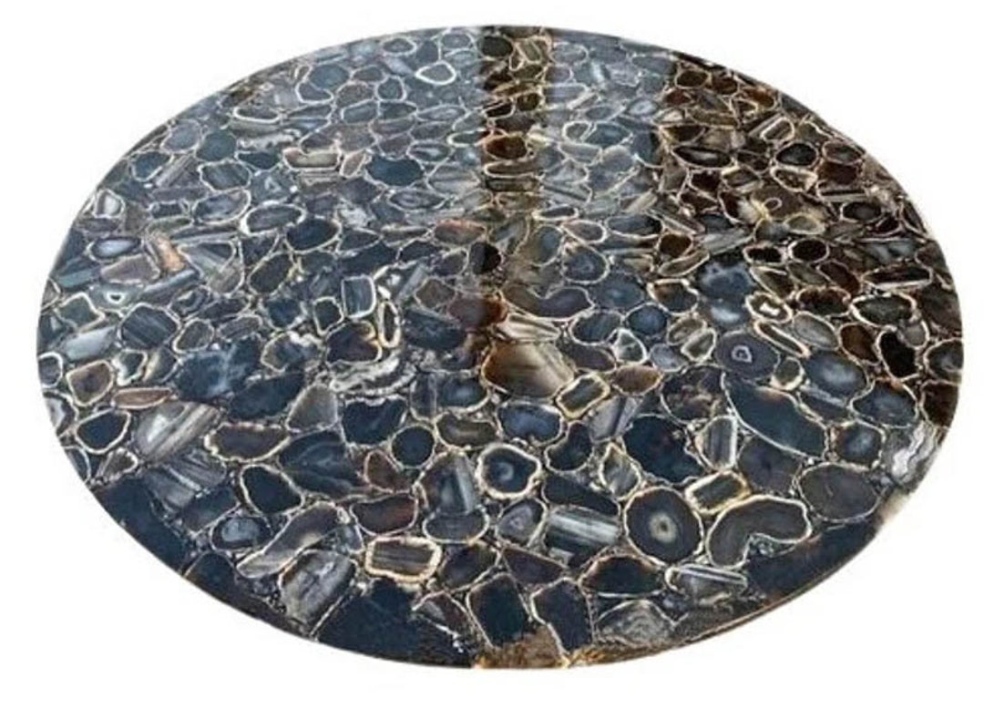 Round Black Agate Stone Coffee Table Natural Gemstone Side Table Top Dining Room Furniture Home ...