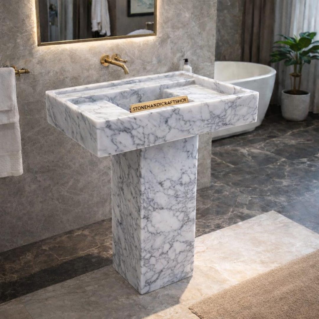 Luxury Carrara Marble Pedestal Sink, Solid White Marble Bathroom Vanity ...