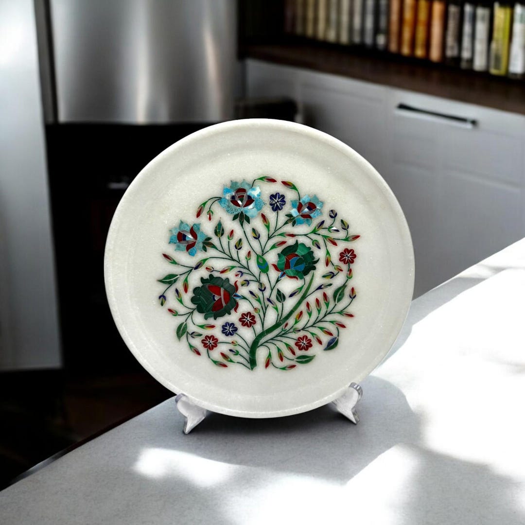 10" White Marble Decorative Plate Inlay Malachite Christmas Present ...