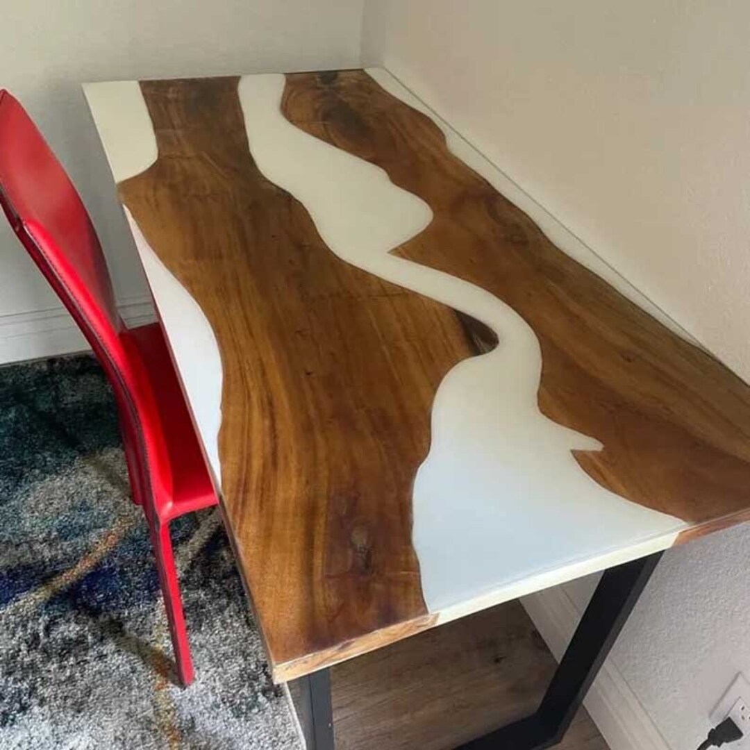 White Epoxy Dining Table Top Acacia Wood Computer Desk Handmade ...