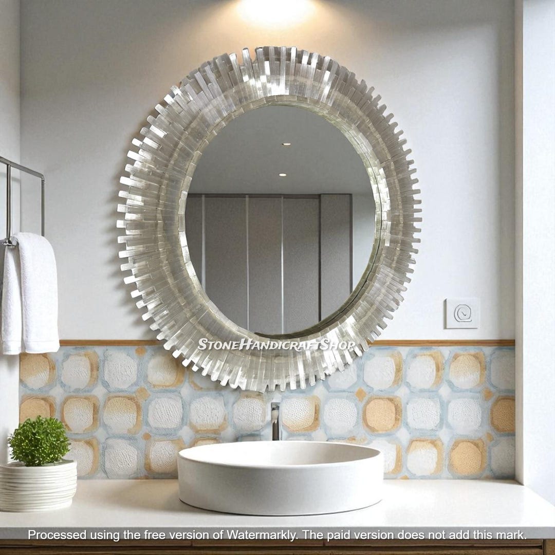 42" Selenite Wall Hanging Mirror Healing Crystal Gemstone Bathroom ...