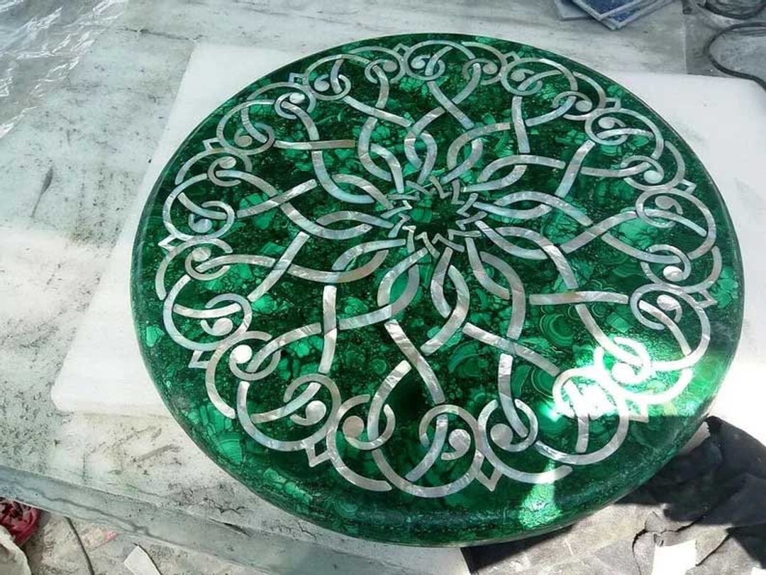 Malachite Stone Round Coffee Center Table Top Random Inlay Gemstone Mid ...