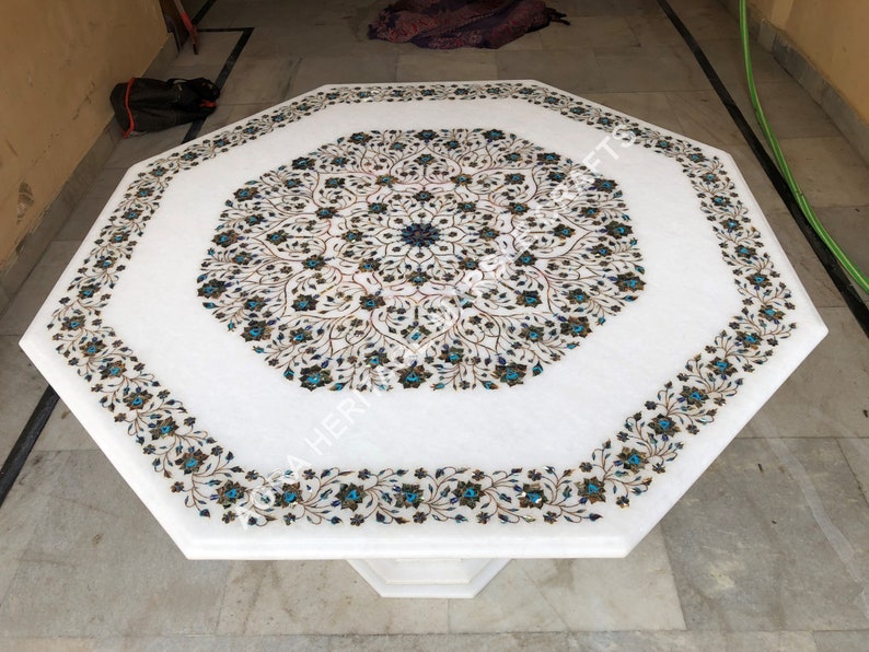 White Marble Dining Table Top Paua Shell Turquoise Inlay - Etsy