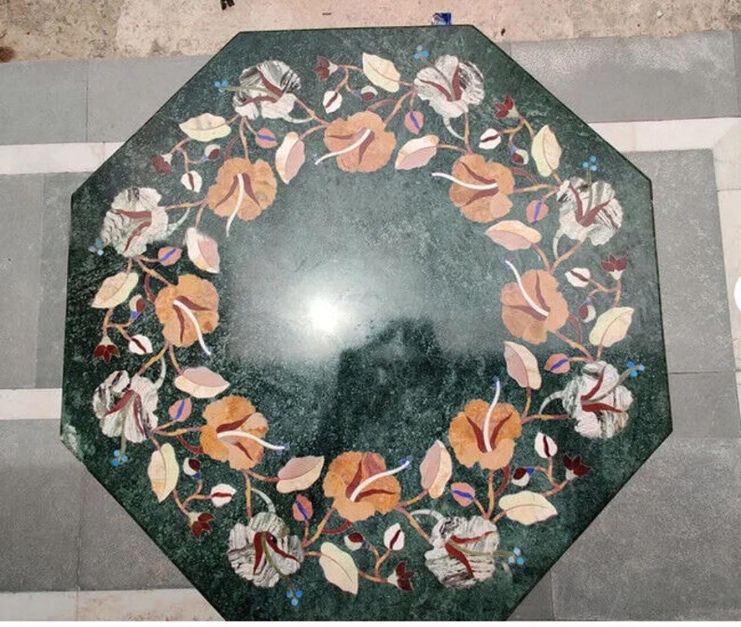 Handcrafted Green Marble Octagon Table Top: Inlaid Gemstone Floral ...