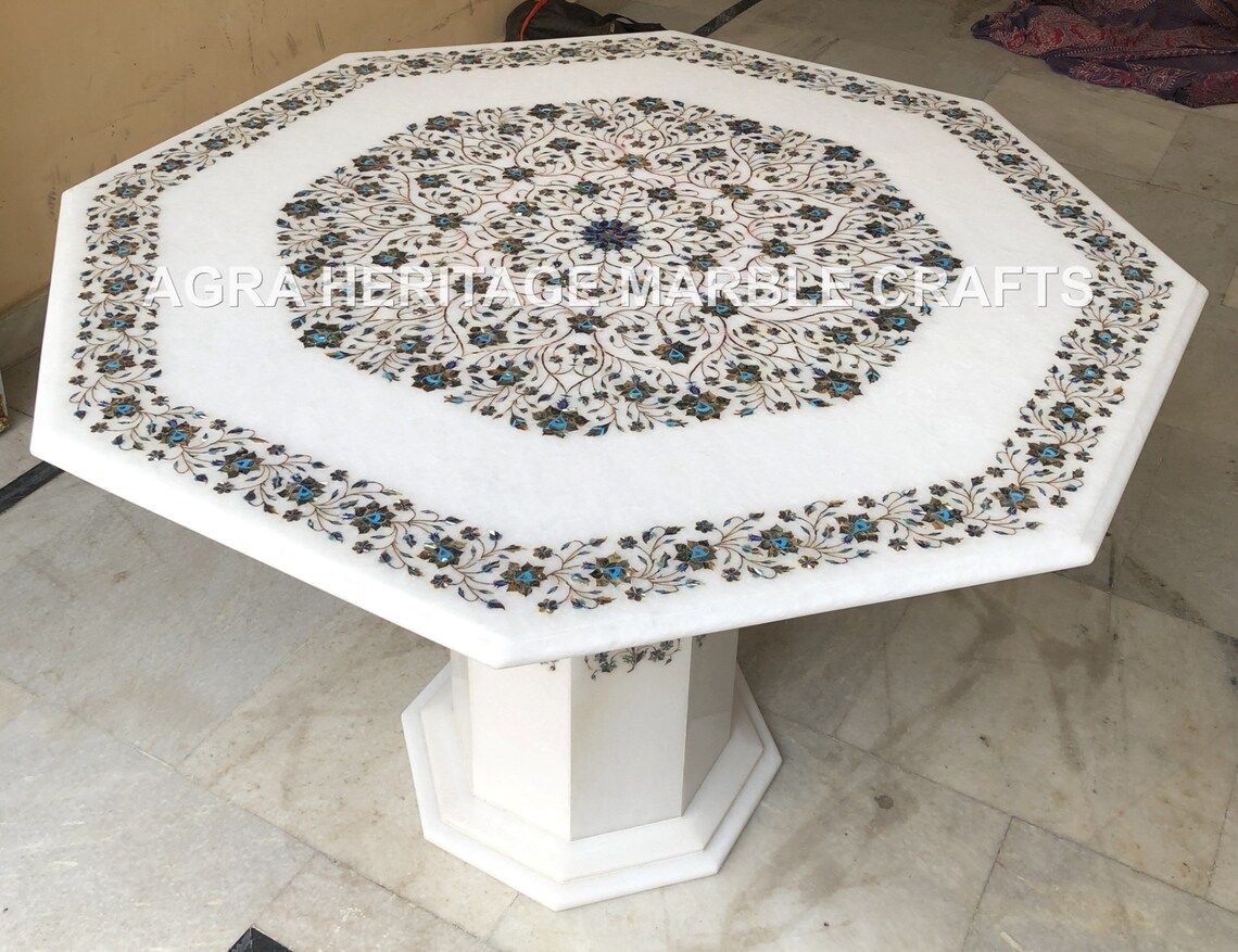 White Marble Dining Table Top Paua Shell Turquoise Inlay | Etsy