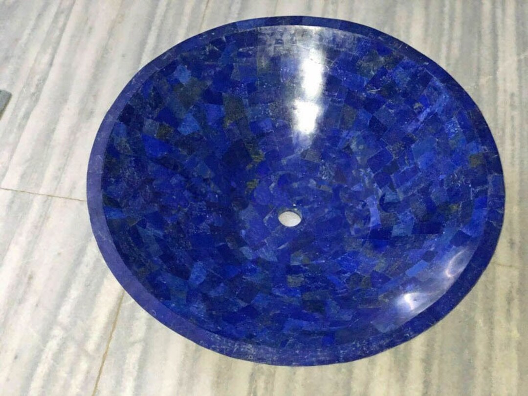 Marble Round Wash Basin Lapis Lazuli Inlay Random Stone Kitchen Sink ...